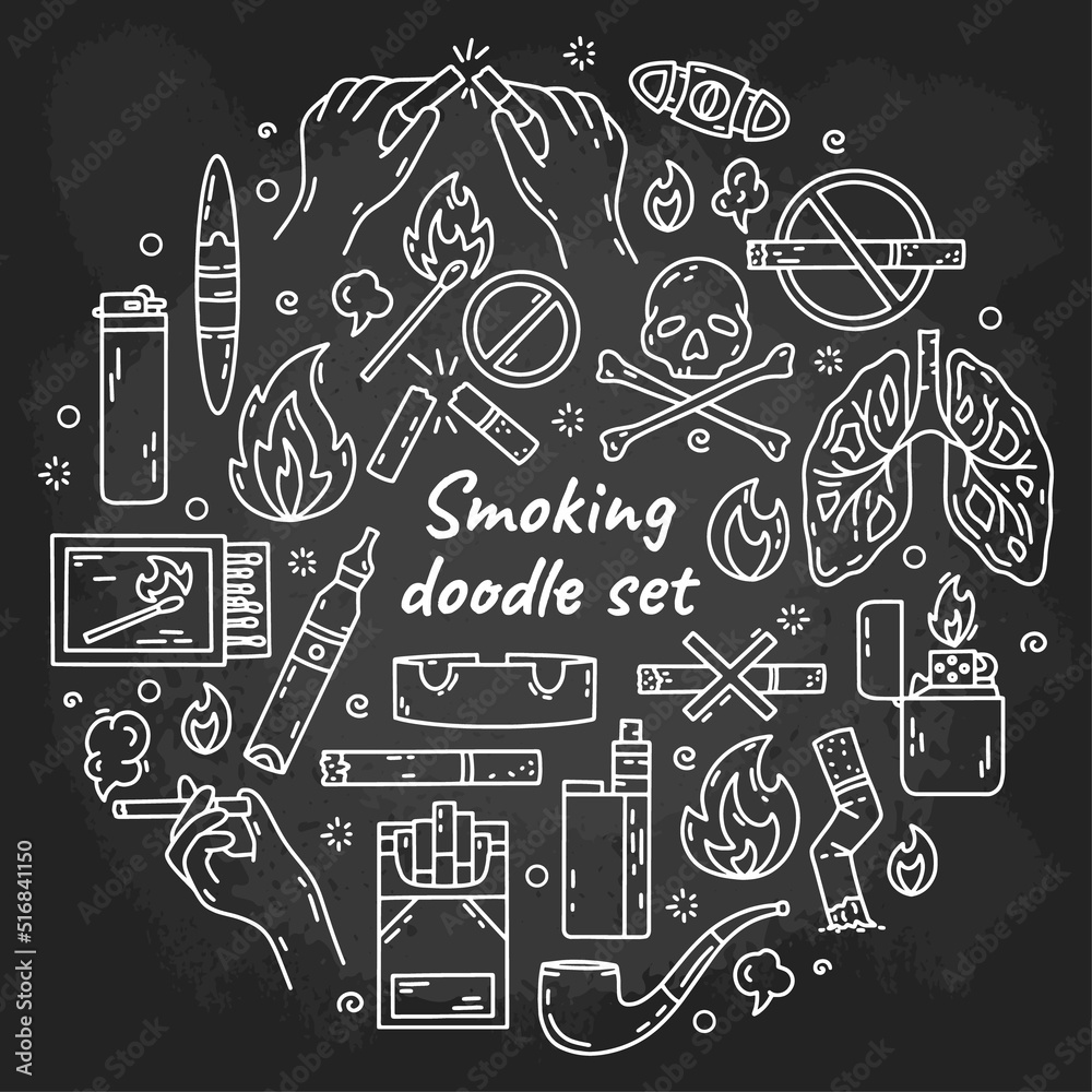 Cigarette smoking hand drawn vector chalk icons set on the blackboard ...