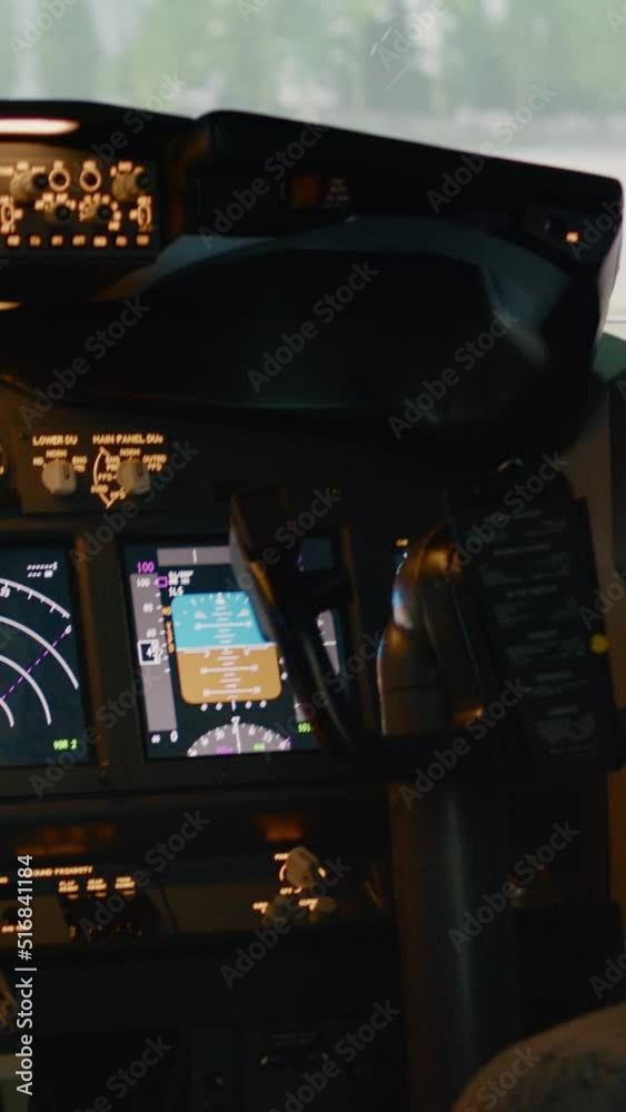 Vertical video: Empty airplane cockpit with dashboard and control panel ...