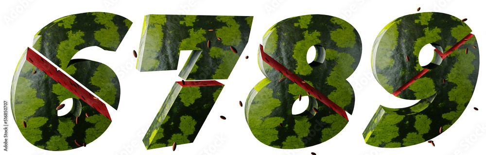 Sliced watermelon alphabet. Numbers 6, 7, 8, 9. Sliced fruit lettering ...