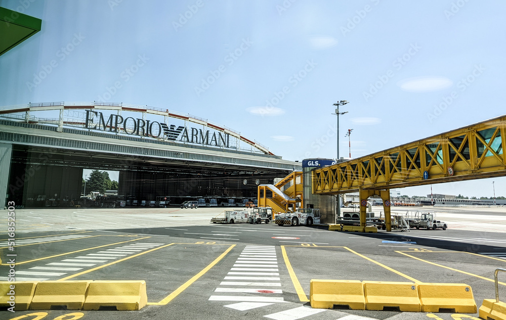 LINATE AIRPORT, ITALY - CIRCA JUNE 2022: Emporio Armani iconic hangar ...