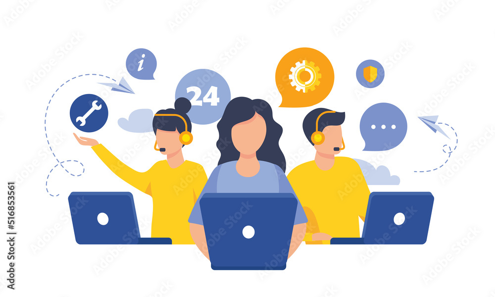 Vector illustration, customer service, hotline operator advises ... Vector illustration, customer service, hotline operator advises ...