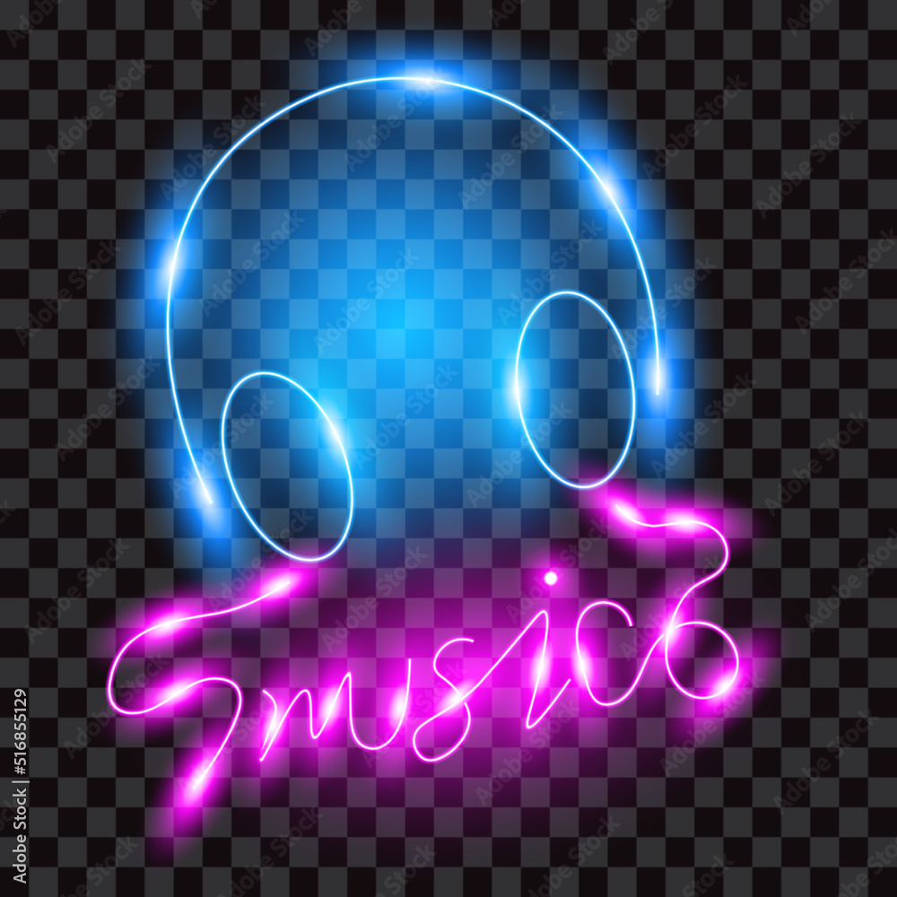 Neon music sign, blue glowing headphones with pink text, isolated on ...