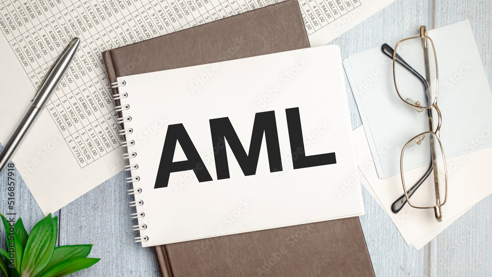 AML Anti-Money Laundering text on notepad with glasses, pen and charts ...