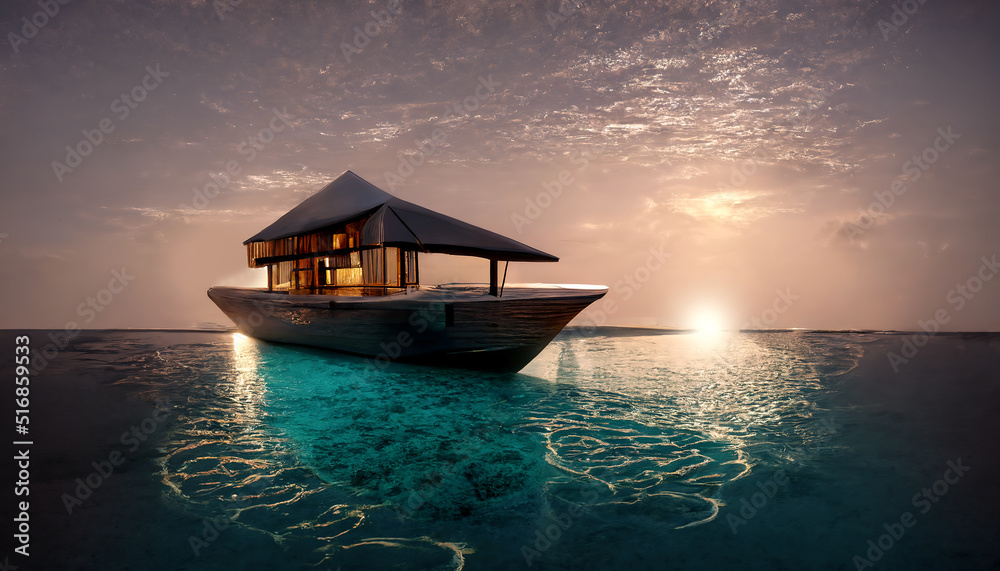Resort holidays in the Maldives. Sunset in the Maldives. Boat on the ...