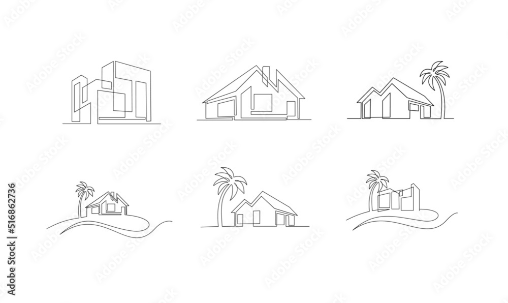 set collection Continuous one line drawing Modern house logo design of ...