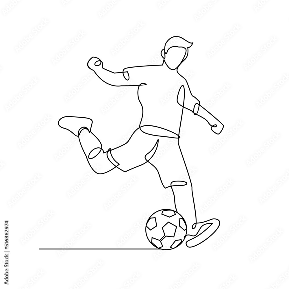 Continuous line drawing. Illustration shows a football player kicks the ...