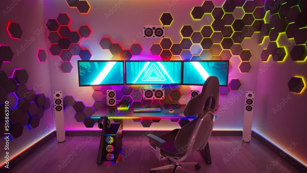 Vivid colorful animation with a gaming room. Powerful computer set for ...