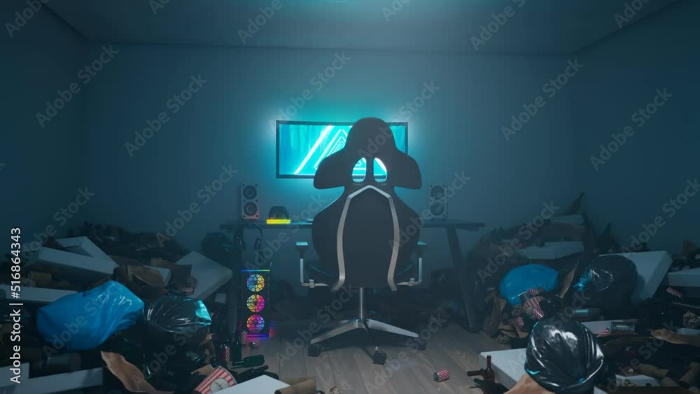 Depressing animation with a messy gaming room. Cluttered gamer's room ...