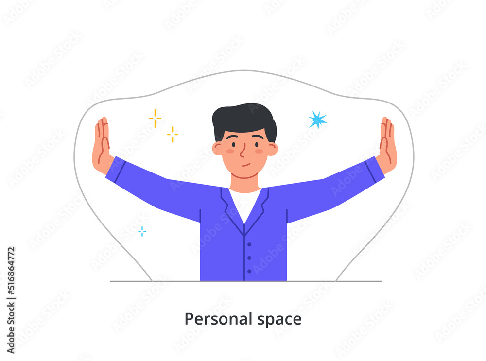 Person setting personal boundaries concept. Man spreads his arms wide ...