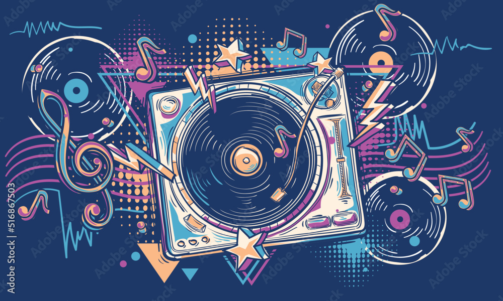 Colorful music design - drawn turntable with vinyl disks and musical ...