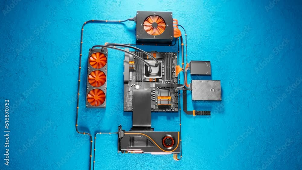 Wall-mounted PC on a blue background. State of the art liquid cooling ...