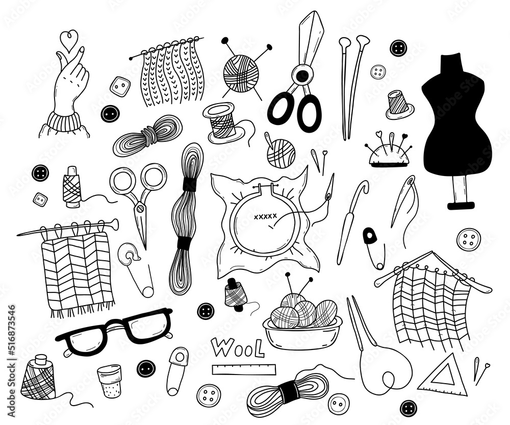 Collection of hobbies, embroidery and knitting. Linear hand drawing in ...