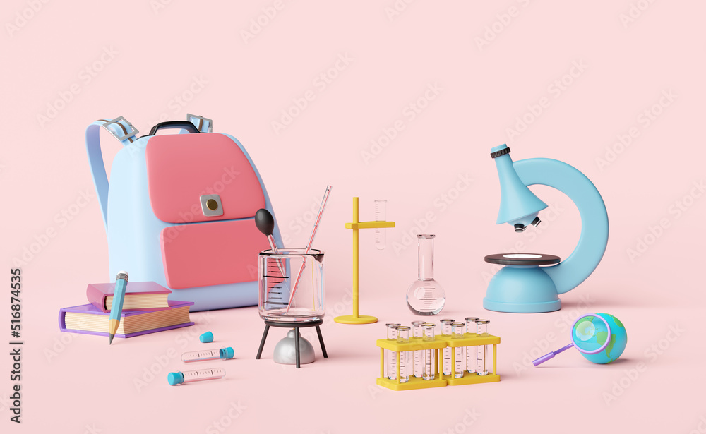 3d backpack, school bag, microscope with globe, magnifying, beaker ...