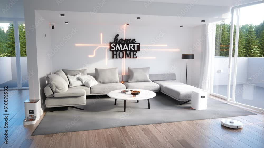 The smart home animation. Central HUB with beams connected to many ...