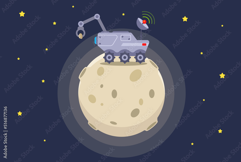 lunar rover works on the surface of the moon. exploration of a space ...