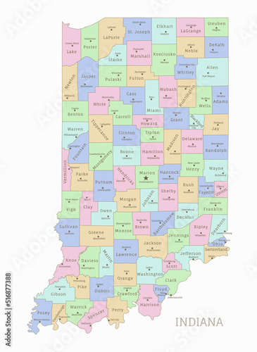 Political color map of Indiana, USA federal state. Highly detailed map ...