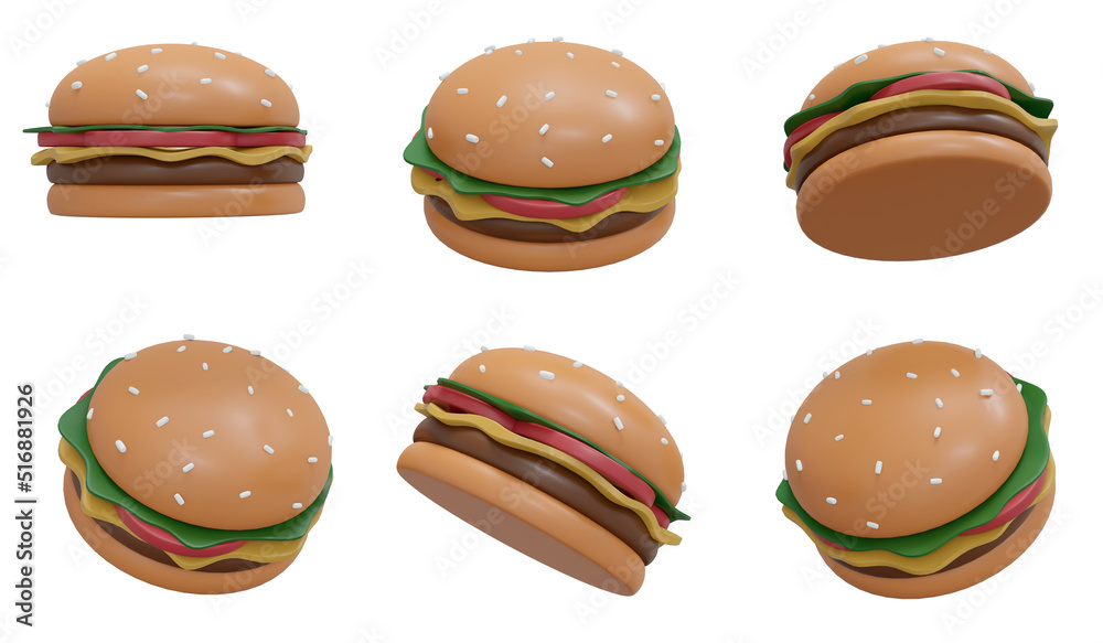 3D Rendering concept of food. Set of spinning burger in many views ...