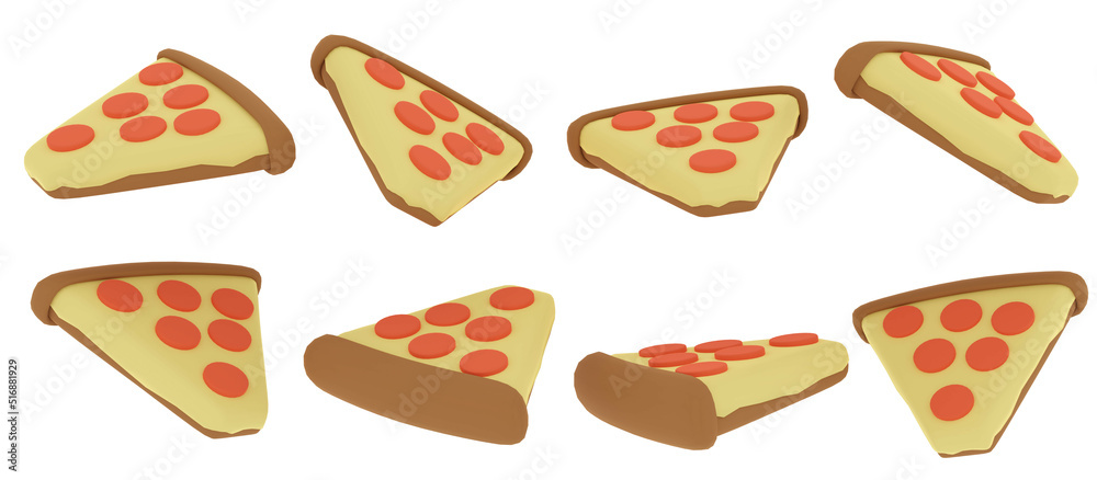 3D Rendering concept of food. Set of spinning slice of pizza in many ...