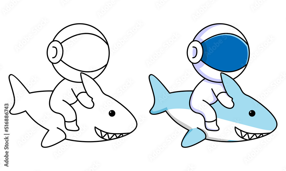 cute astronaut sitting on shark coloring page for kids Stock Vector ...