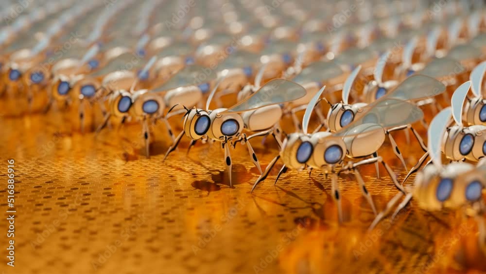 Army of countless small artificial bee robots in a loop ready for ...