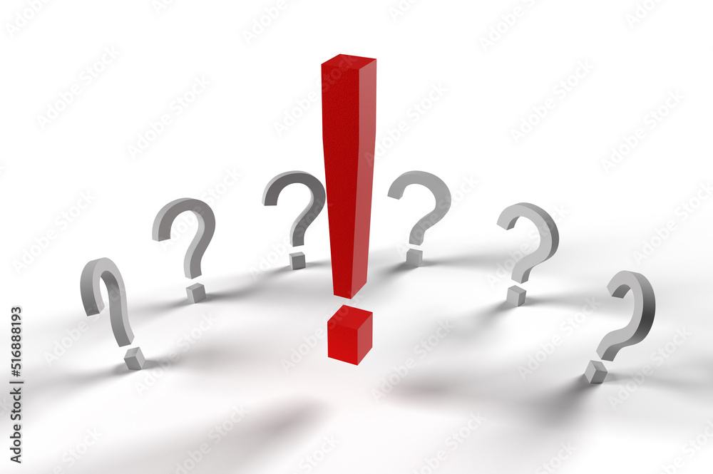 Red exclamation mark in front of a lot of question marks. Stock ...