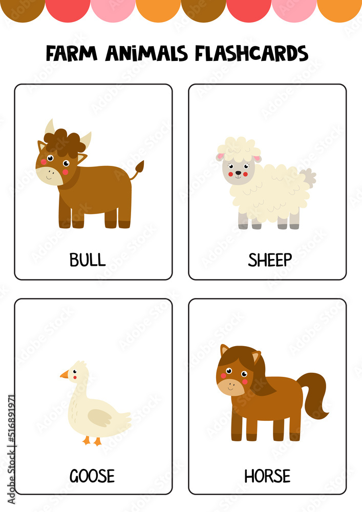 Cute cartoon farm animals with names. Flashcards for children. Stock ...