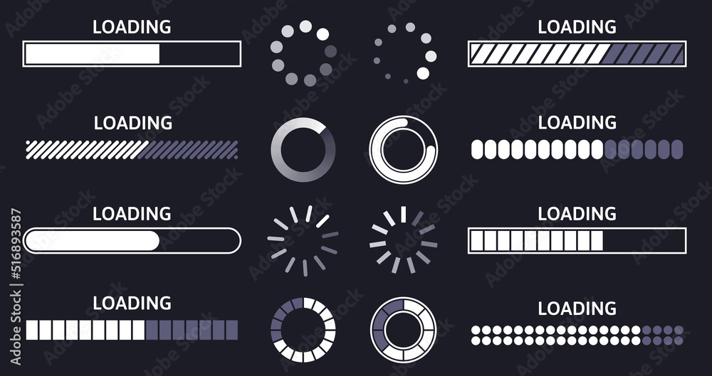 Load indicator. Loading status bar, round buffer download progress and line upload or file ...