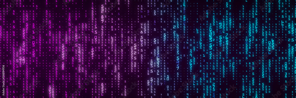 Digital background matrix with transfusion of blue and purple colors. Coding or hacking concept ...