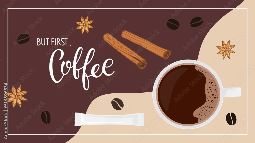 Coffee abstract background. Coffee beans, anise, cinnamon, handwritten ...