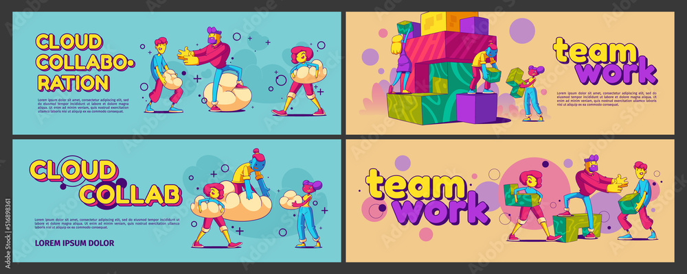 Cloud collaboration and teamwork banners with people work together. Vector posters of ...