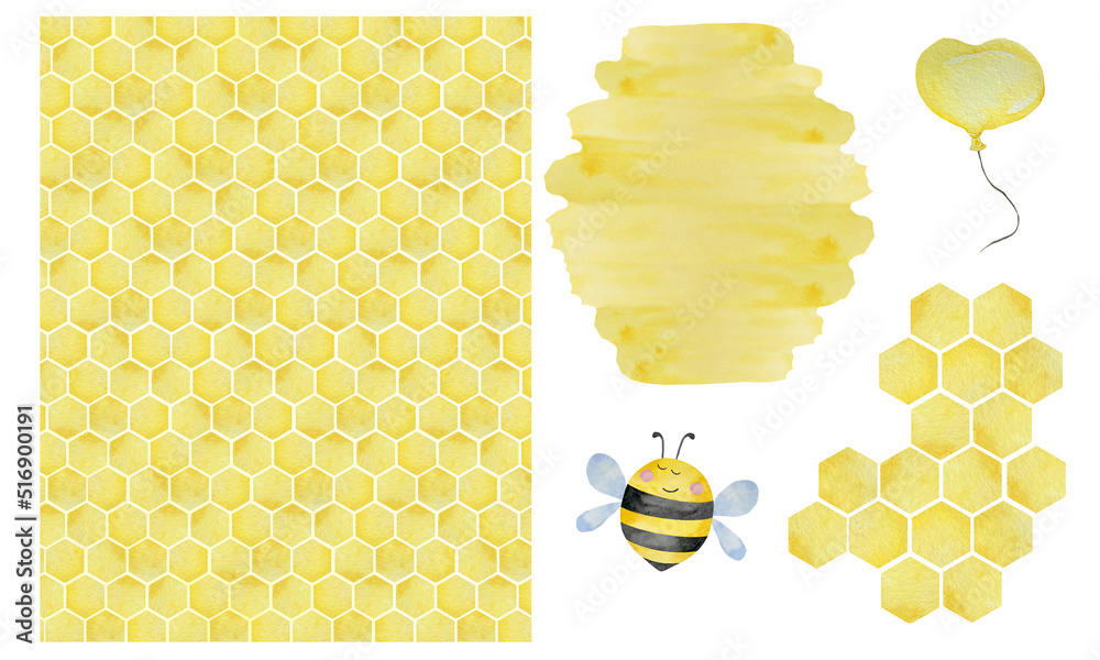 Watercolor set of illustrations in the theme of beekeeping with ...