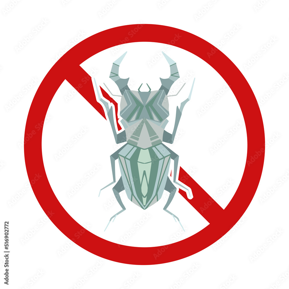 Vector prohibition sign with a stag beetle. Danger of being bitten by ...