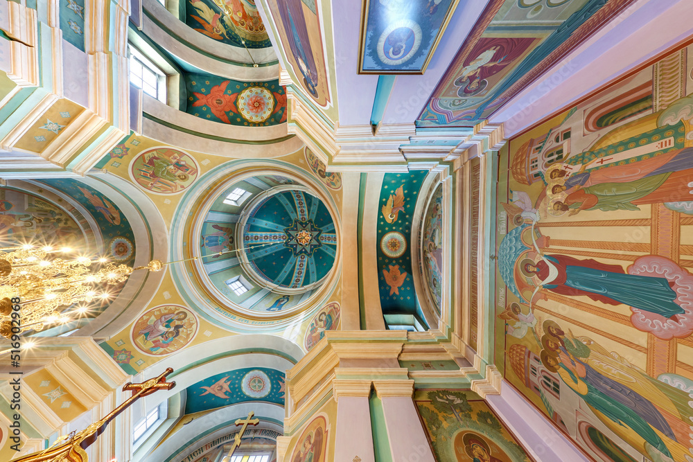 interior dome and looking up into a old orthodox church ceiling and ...