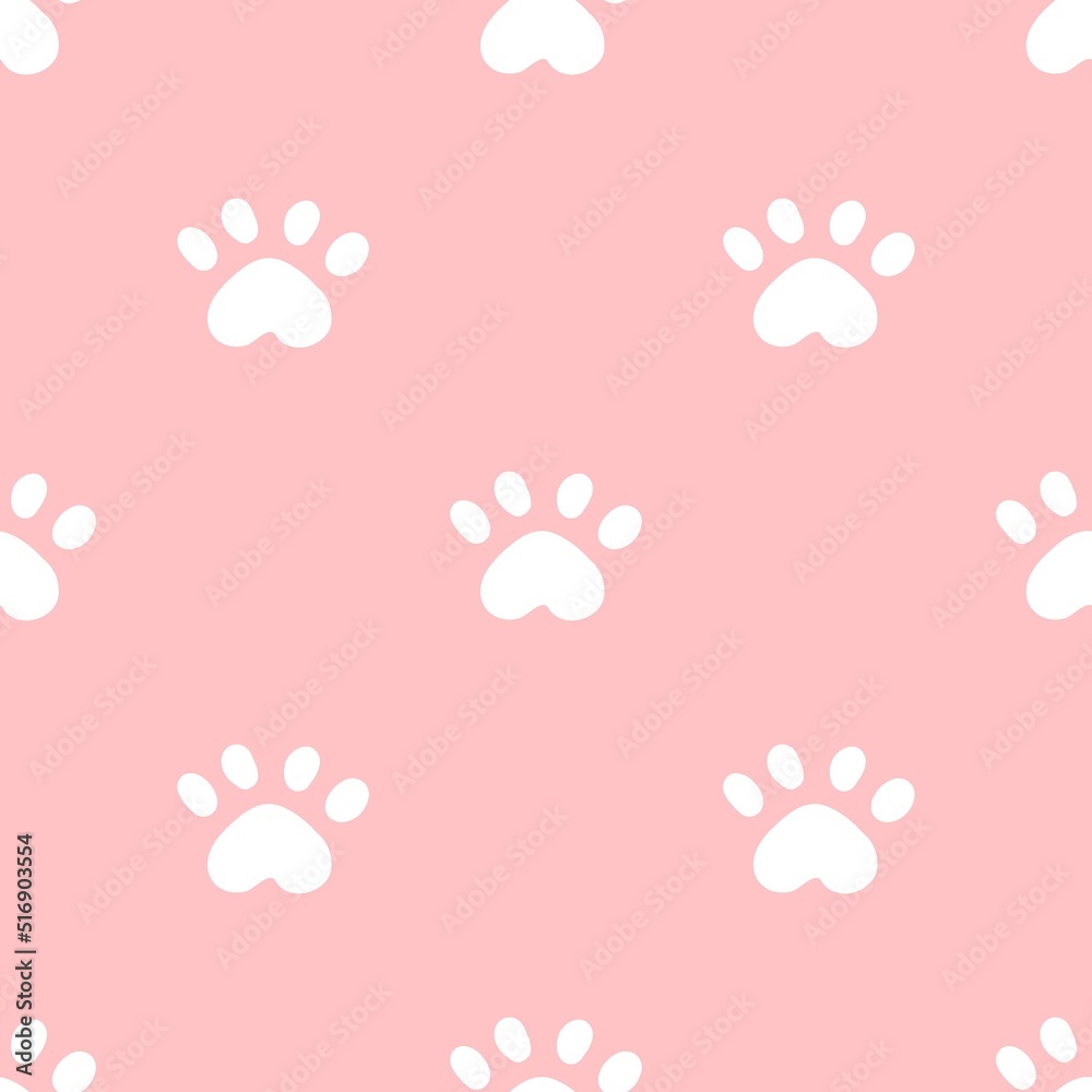 Pink cat seamless pattern. Meow and cat paws background vector ...