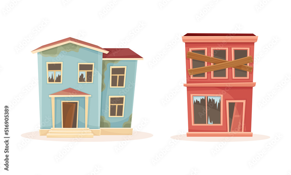 Ruined and abandoned buildings set. Old damaged city buildings cartoon ...