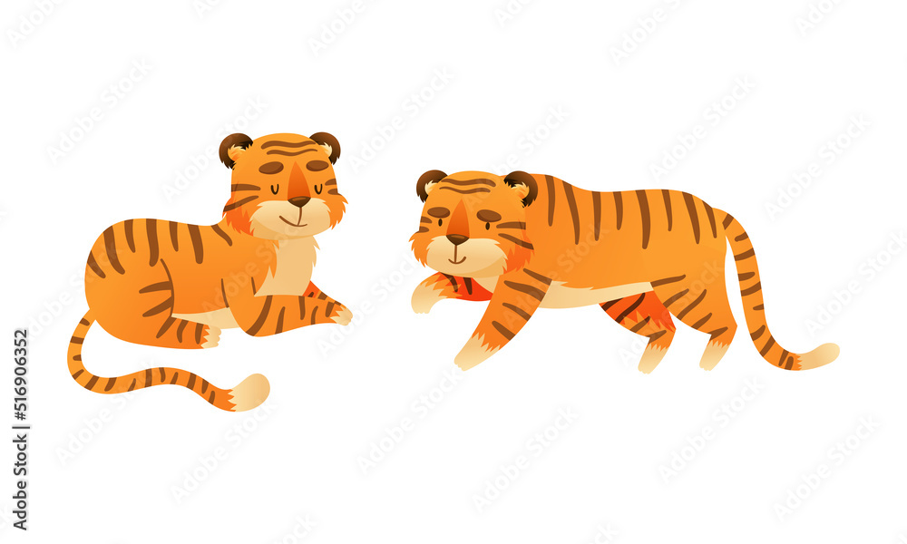 Cute tigers set. Friendly wild jungle predator animal cartoon vector ...