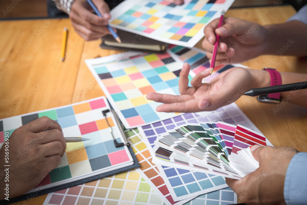 Interior designer chooses a color chart for home design. Graphic ...