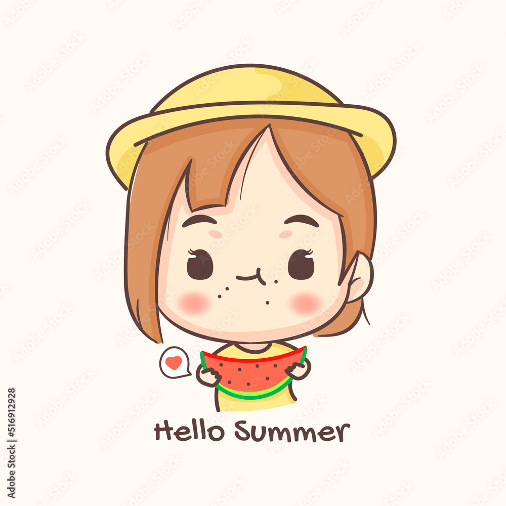 Vetor de Cute girl eating watermelon. Summer holidays and vacation ...