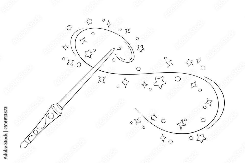 Magic wand in doodle style, vector illustration. Shiny stick icon for ...
