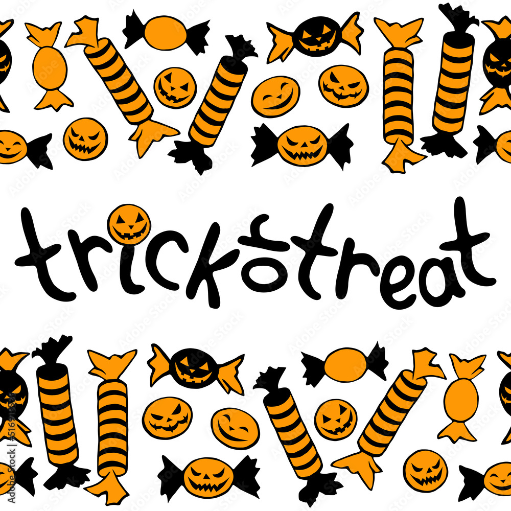 Trick or treat -lettering in frame of candy in different wrappers in ...