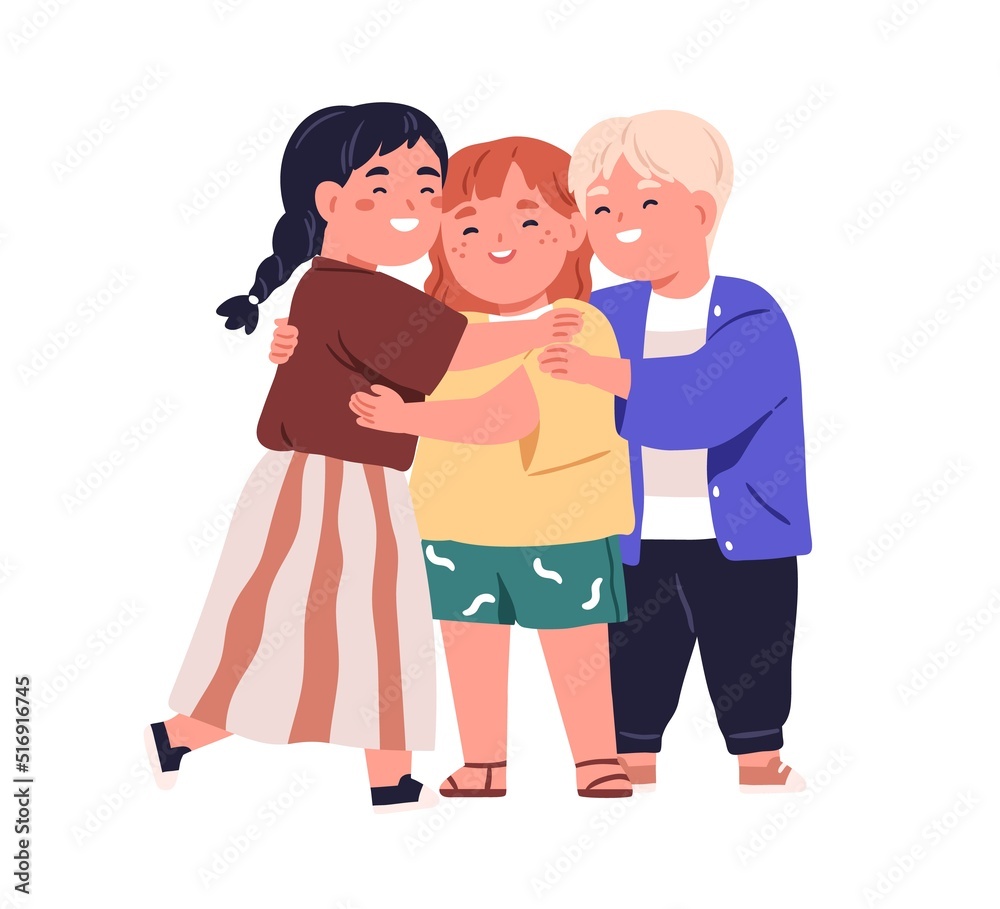 Happy smiling kids hug. Excited positive small children friends ...