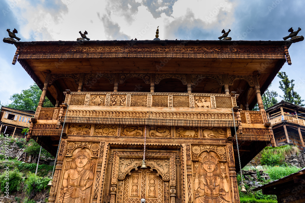 Wood carving in a Temple of Himachal Pradesh, India Stock Photo | Adobe ...