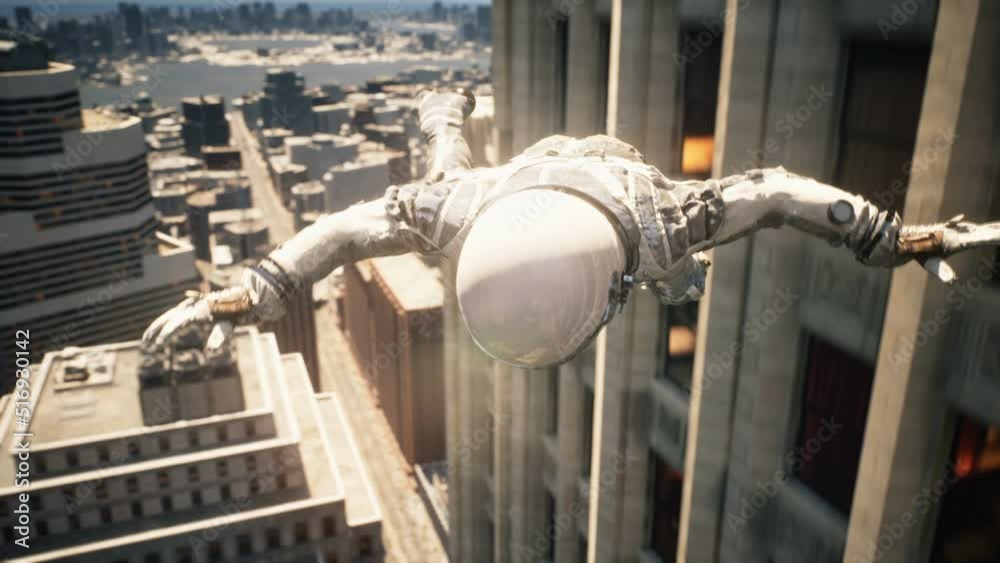Astronaut flying past skyscrapers in a metropolis. Astronaut-traveler ...