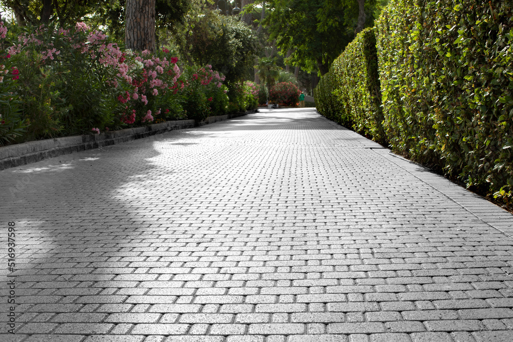 street with cobblestone pattern, Pathways with green lawns, Landscaping ...