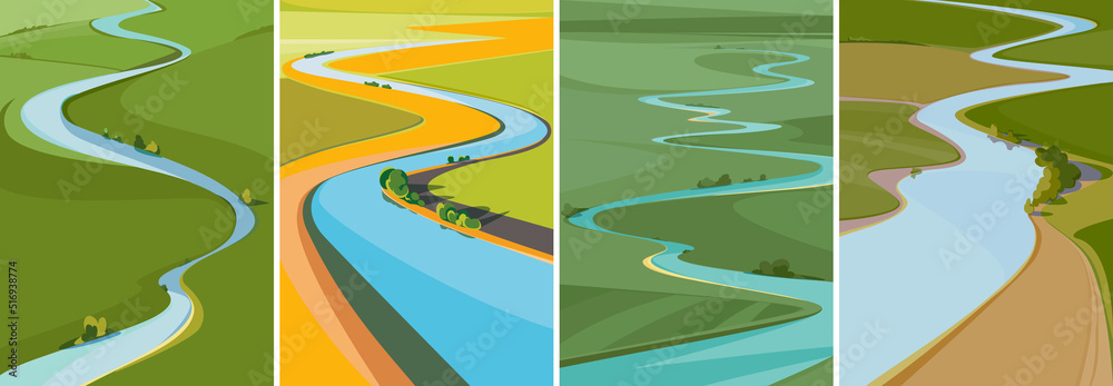 Set of landscapes with river view from above. Natural sceneries in ...