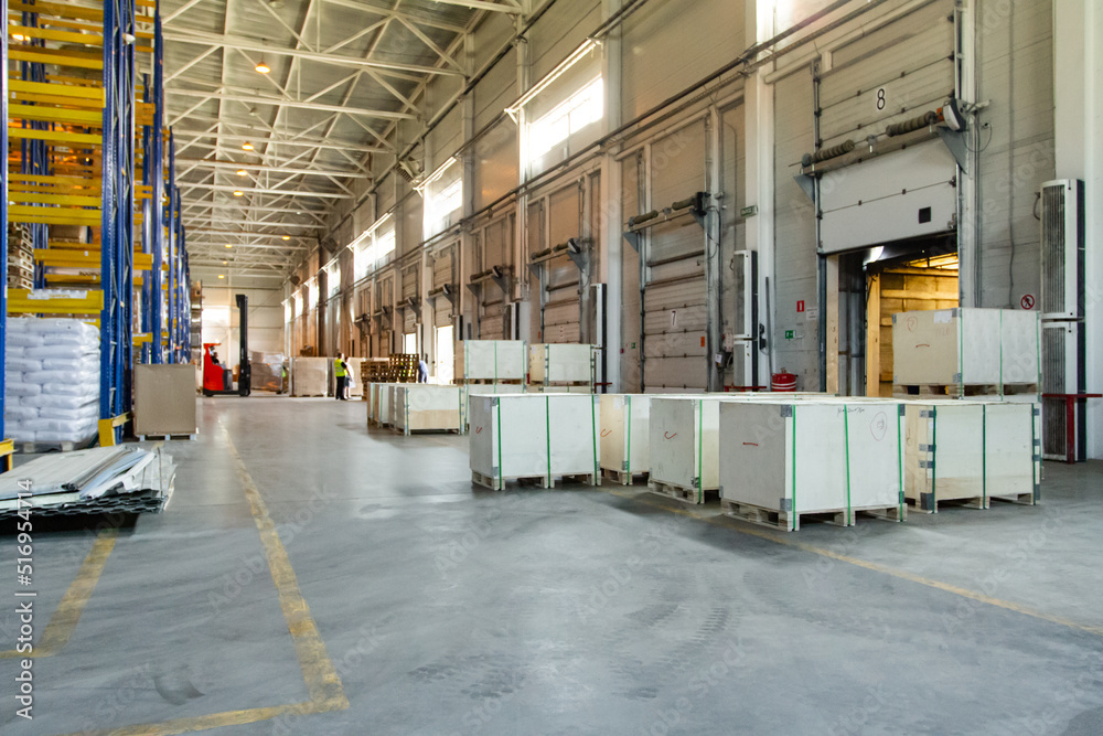 General view to the loading gates inside the warehouse.Interior of a ...