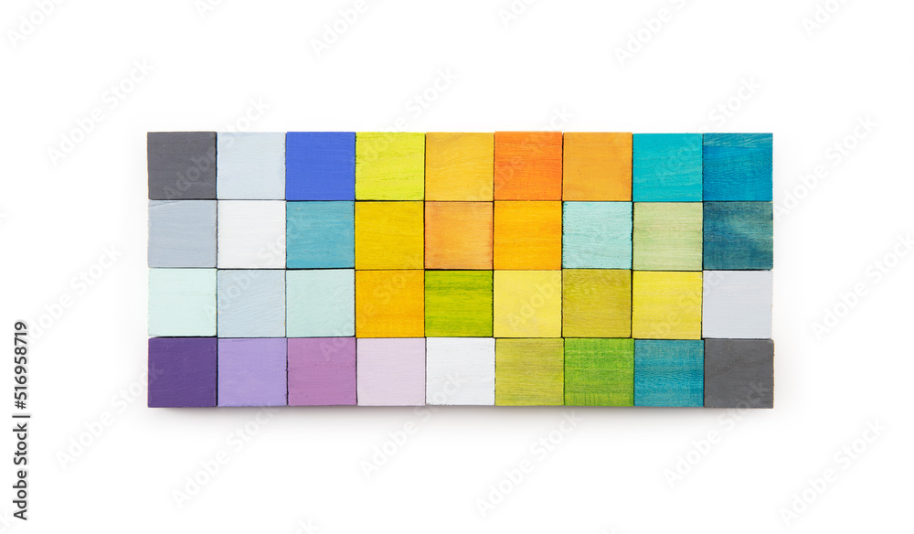 Mosaic of colored wooden blocks isolated on white abstract. Spectrum of ...