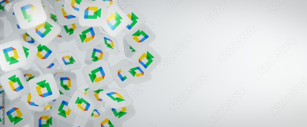 Google Meet logo on floating translucent blocks. Editorial 3D rendering ...