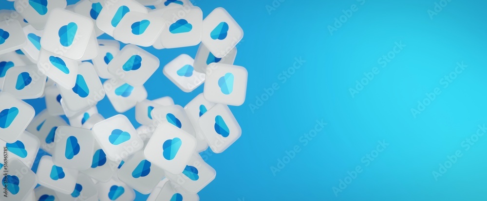 Logo of Microsoft Office application Microsoft OneDrive on floating translucent blocks ...