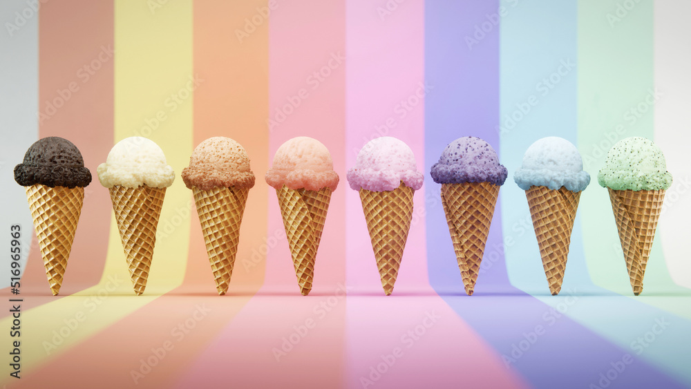 Standing ice cream cones forming a rainbow color spectrum. 3D rendering ...